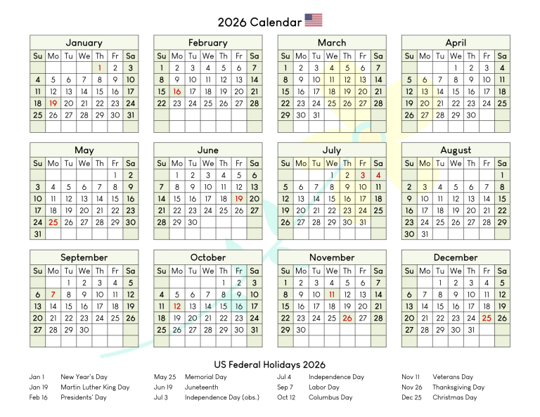 Printable 2026 Calendar with US Holidays - One Page PDF
