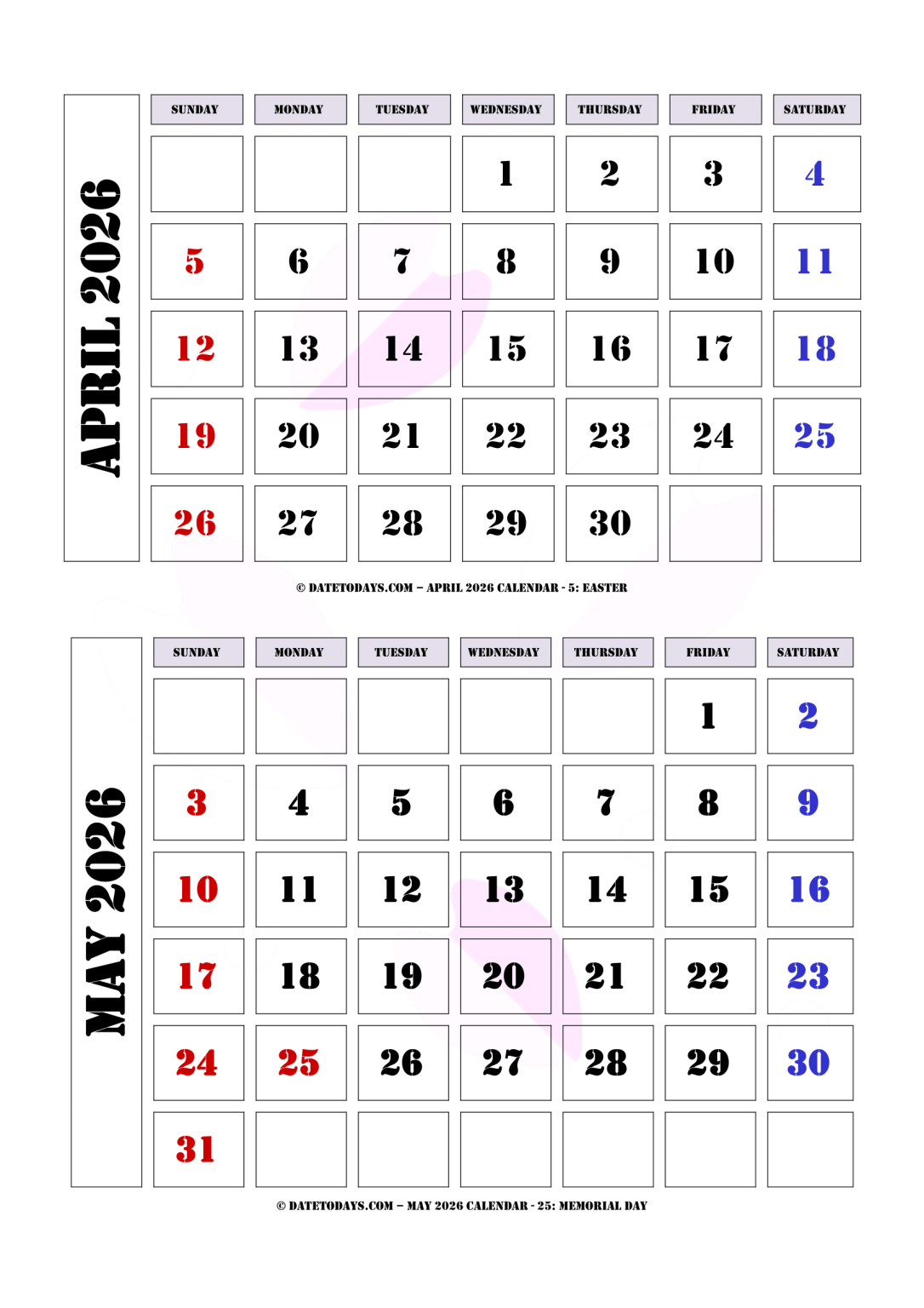 April May 2026 Calendar Printable PDF - 2 Month Calendar