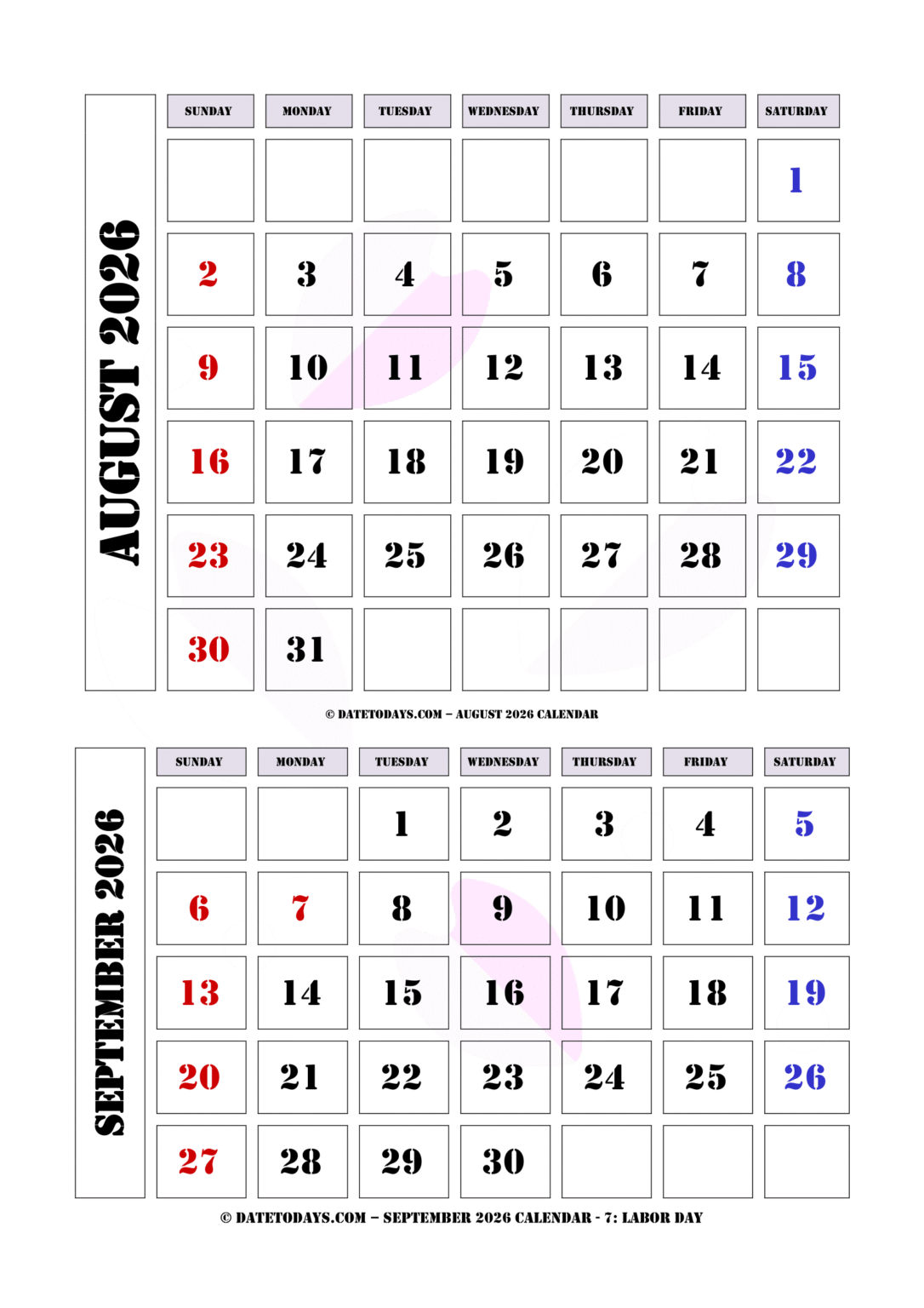 August September 2026 Calendar - 2 Month Calendar