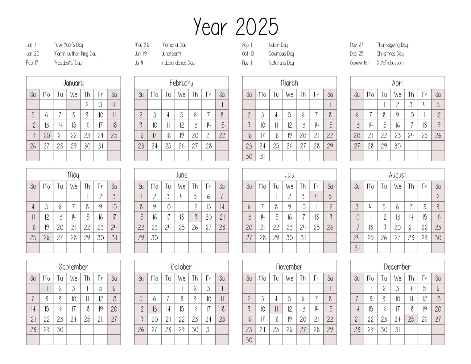 Printable 2025 Calendar with Holidays (12 month on one page)