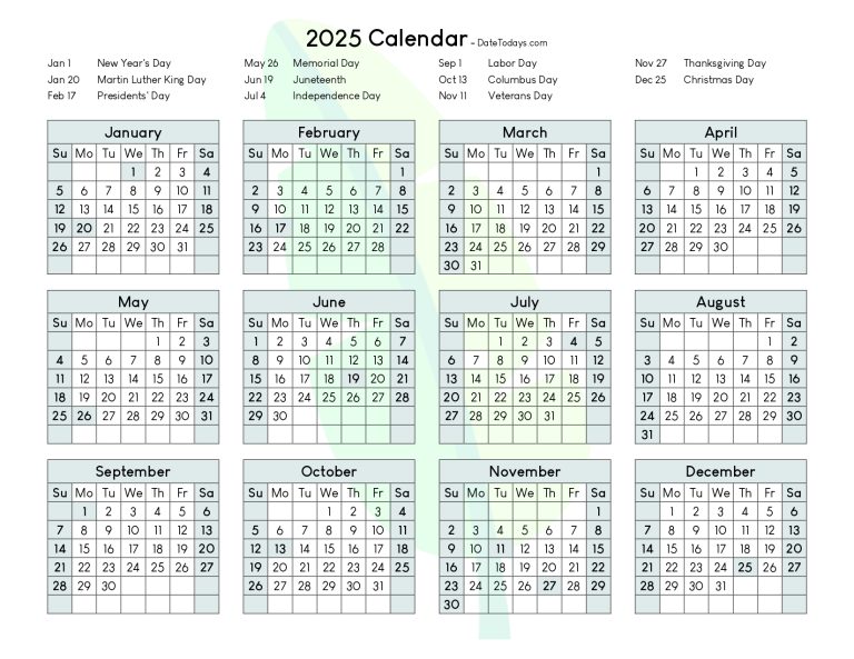 Printable 2025 Calendar with Holidays (12 month on one page)