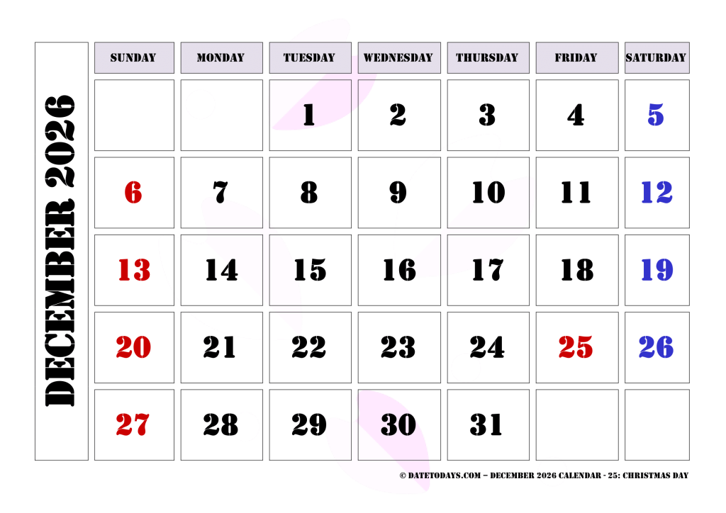 Printable December 2026 Calendar with Holidays