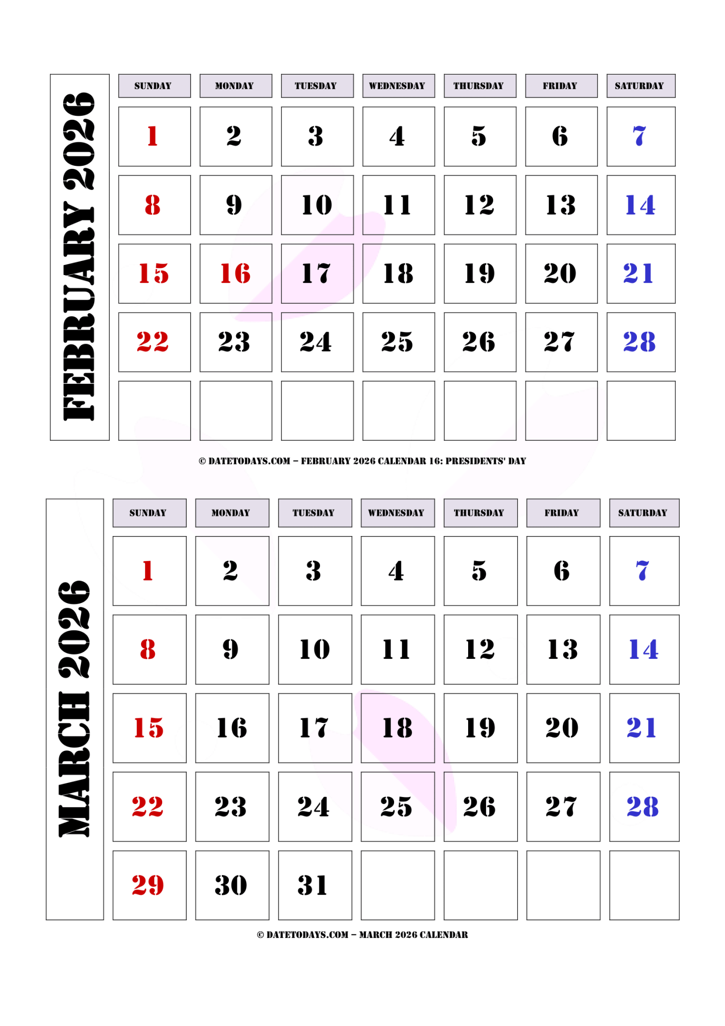 February March 2026 Calendar Printable PDF - 2 Month Calendar