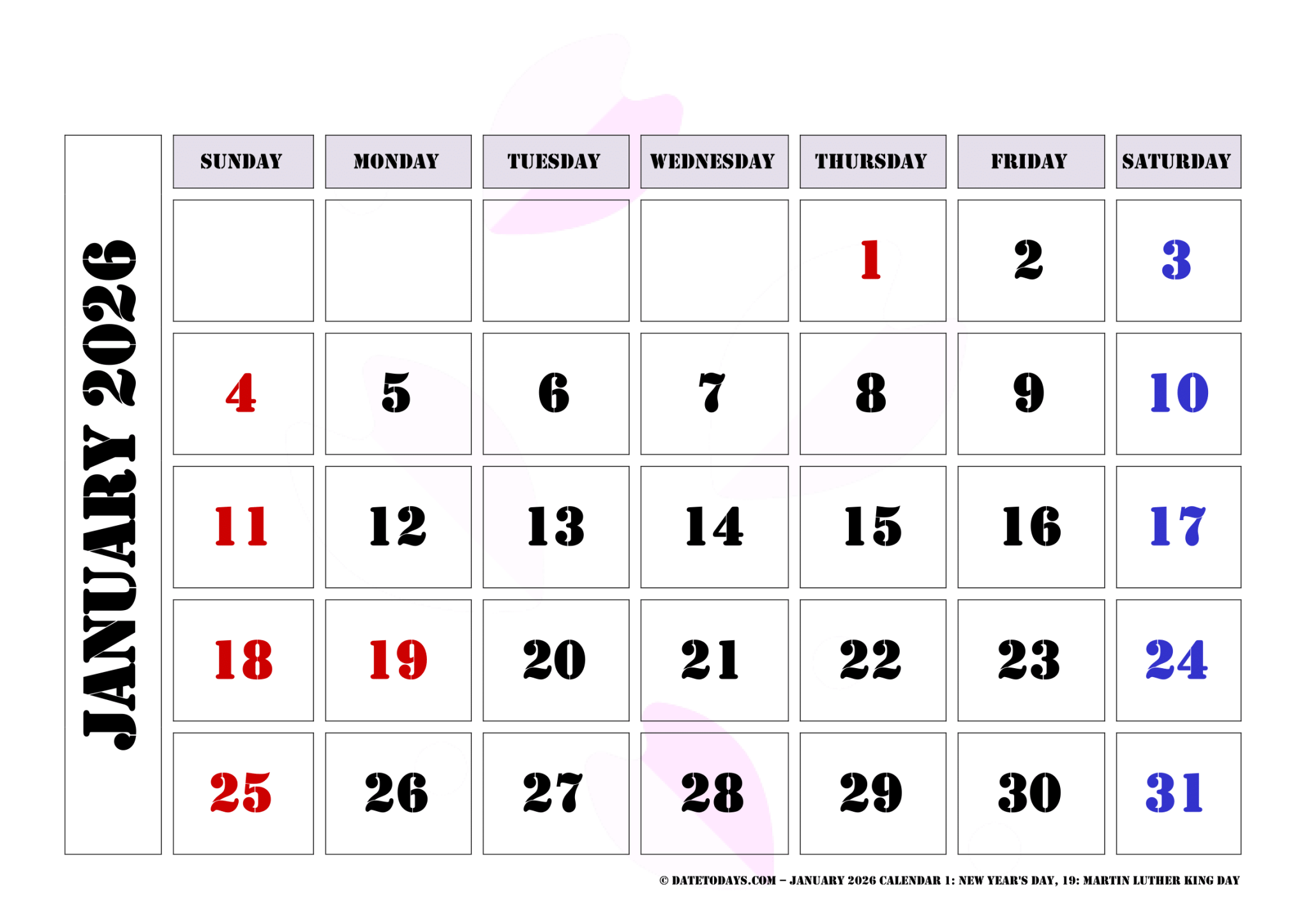 January 2026 Calendar Printable PDF with Holidays