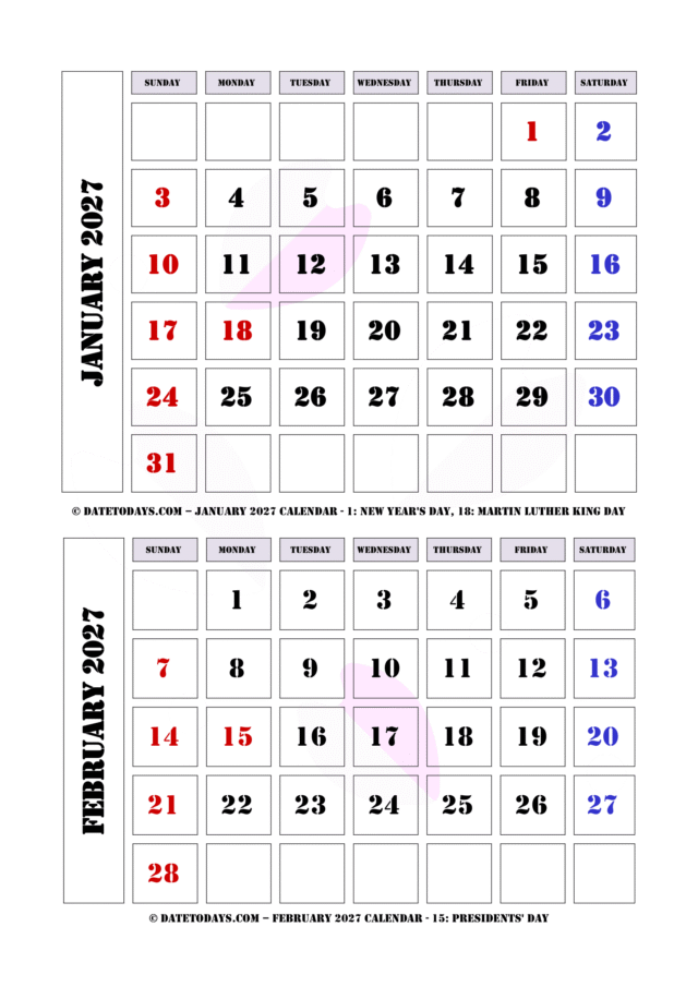 January February 2027 Calendar Printable