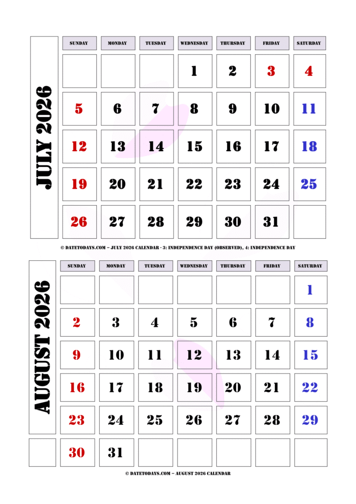 July August 2026 Calendar – 2 Month at a Glance with US Holidays