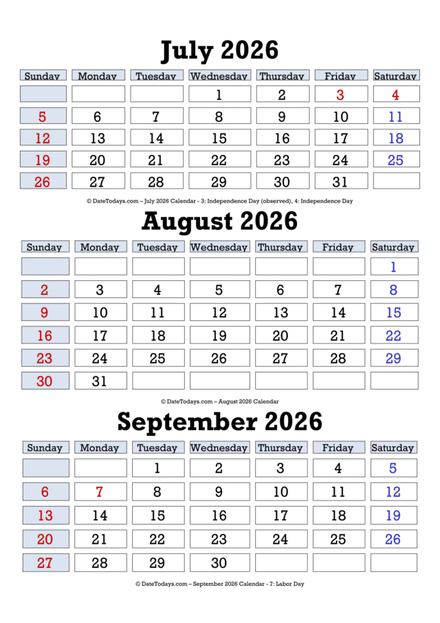 July August September 2026 Calendar Printable