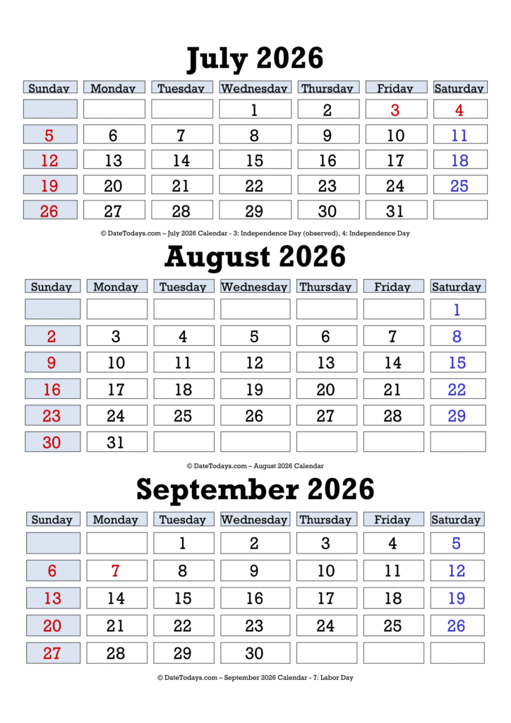 July August September 2026 Calendar Printable