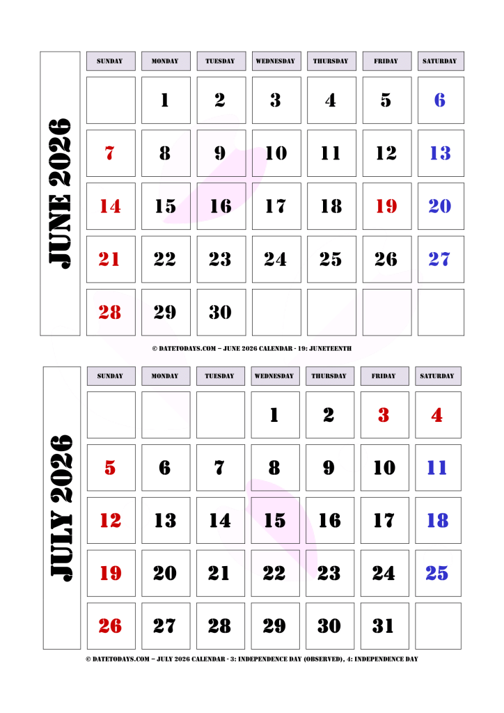 June July 2026 Calendar Printable PDF