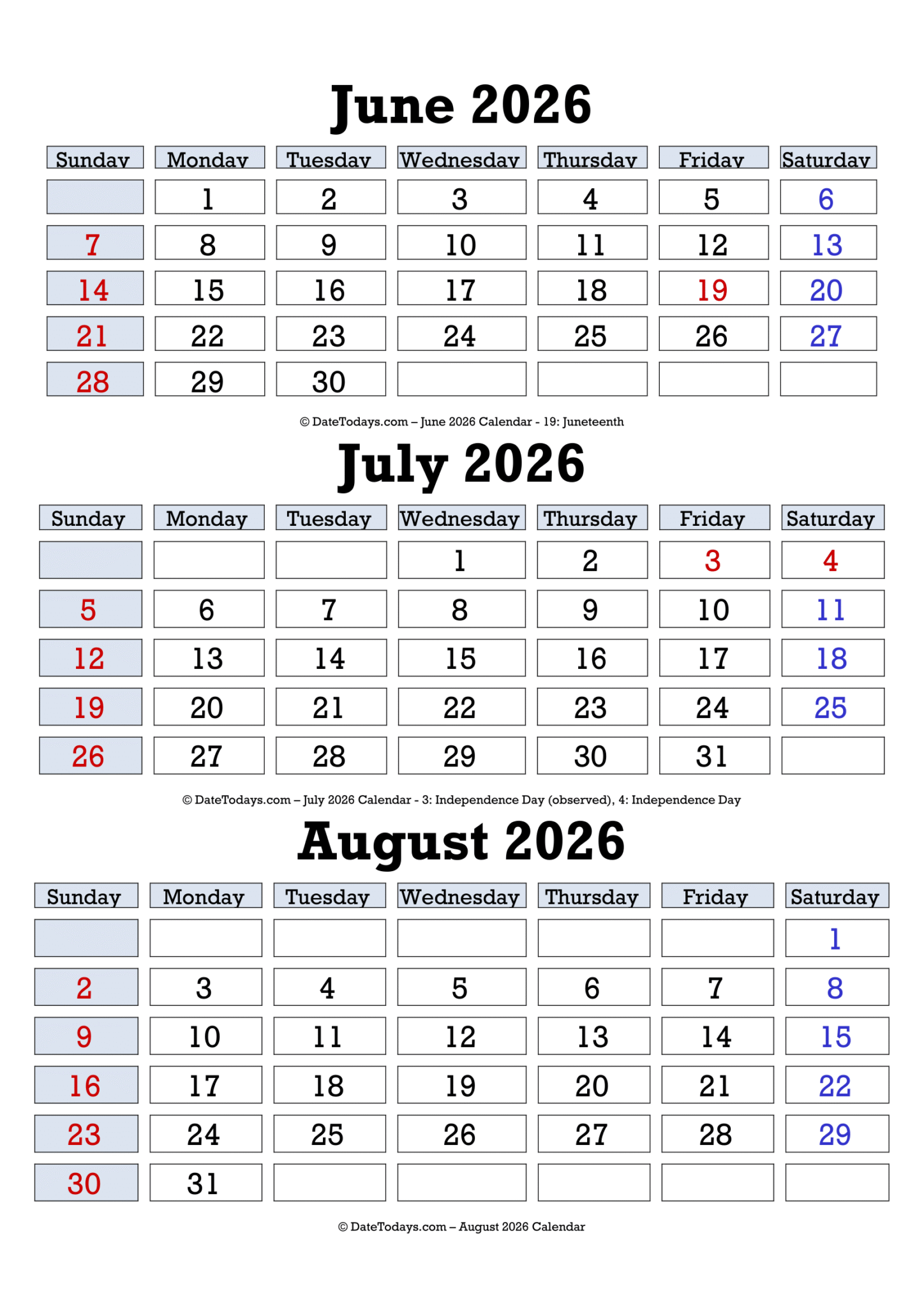 June July August 2026 Calendar Printable