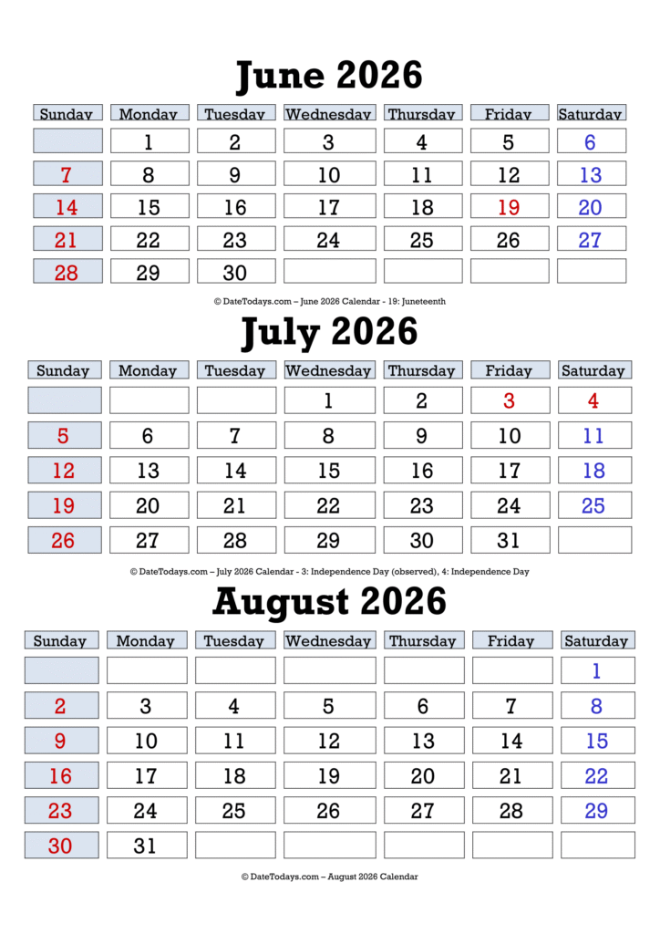 June July August 2026 Calendar Printable