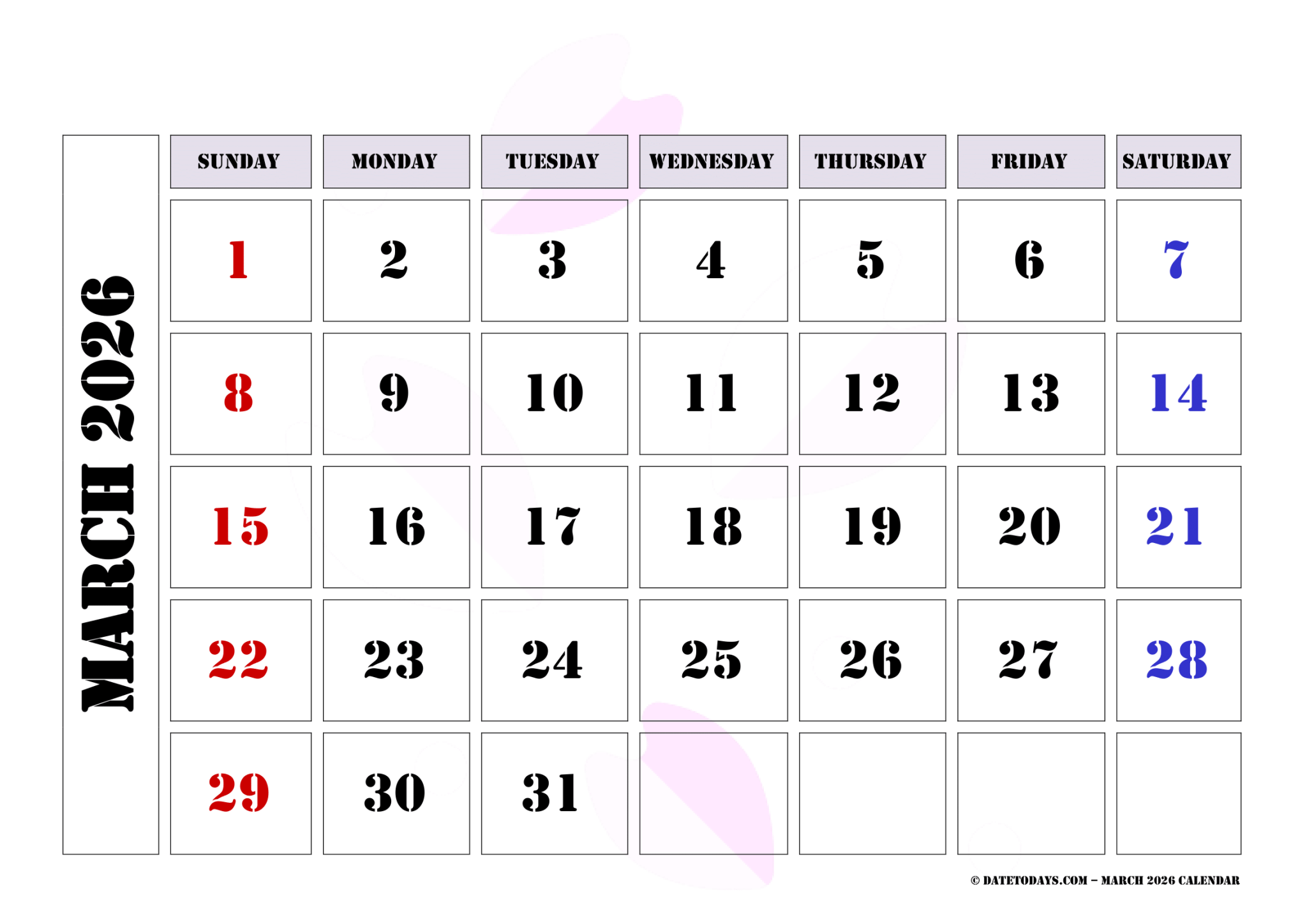 Free March 2026 Calendar Printable PDF with US Holidays