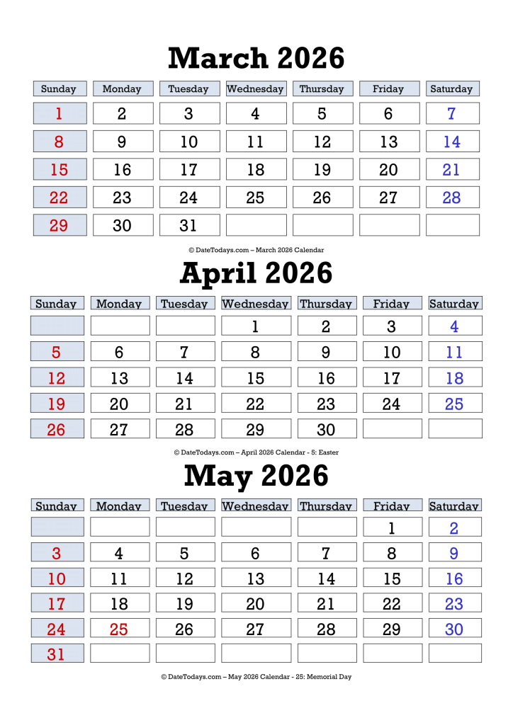 March April May 2026 Calendar Printable PDF - 3 Month Calendar