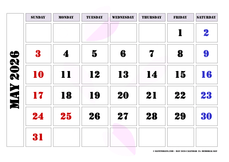 Free May 2026 Calendar with US Holidays Printable PDF