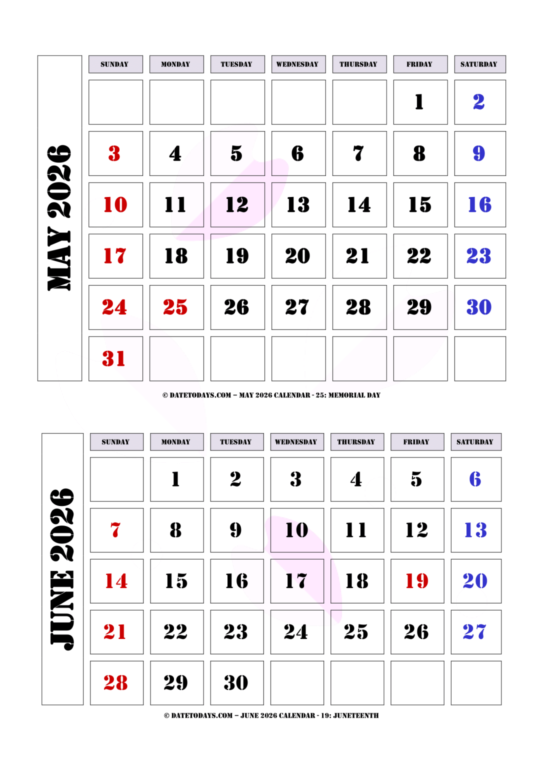 May June 2026 Calendar Printable PDF - 2 Month Calendar
