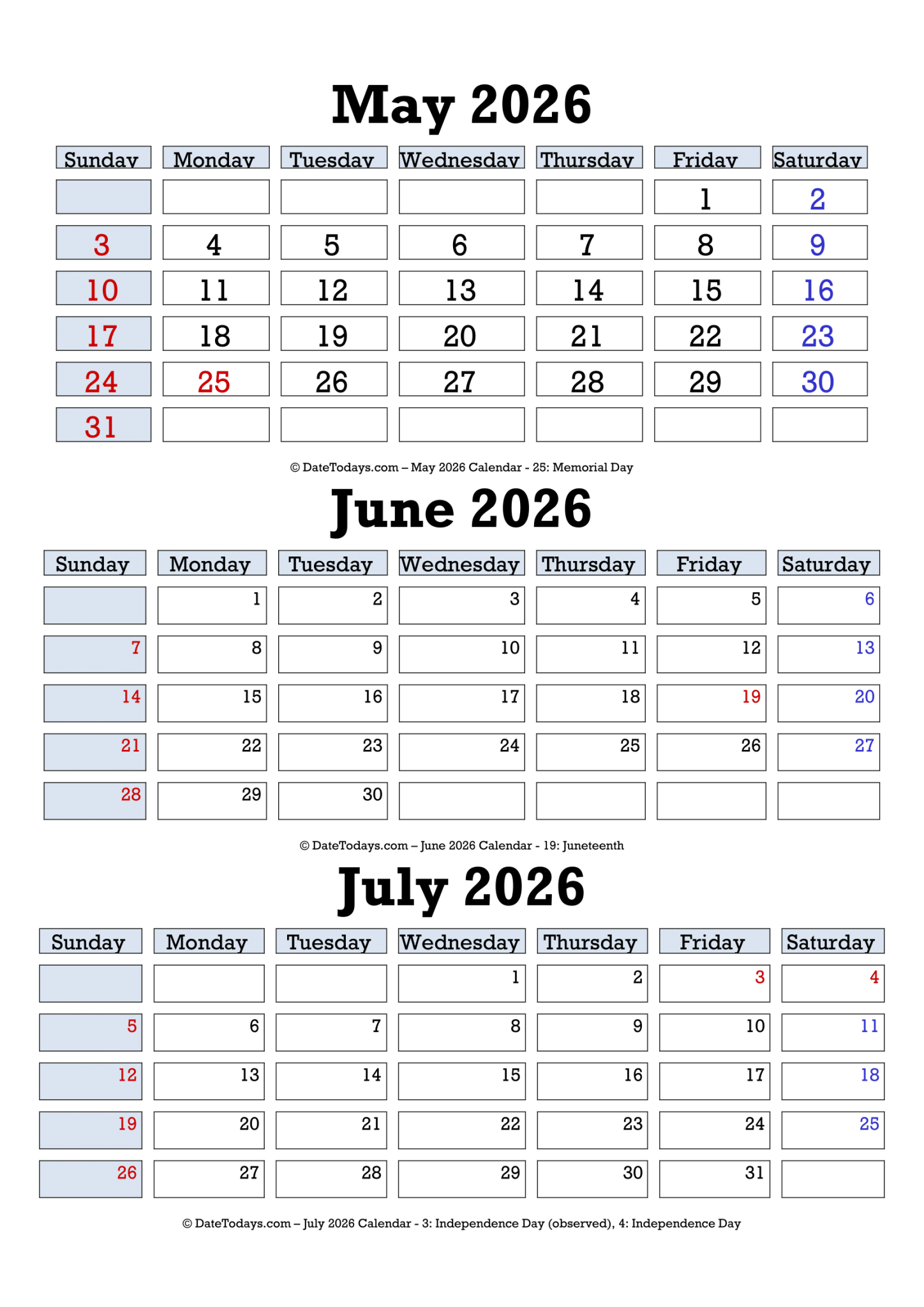 May June July 2026 Calendar Printable PDF