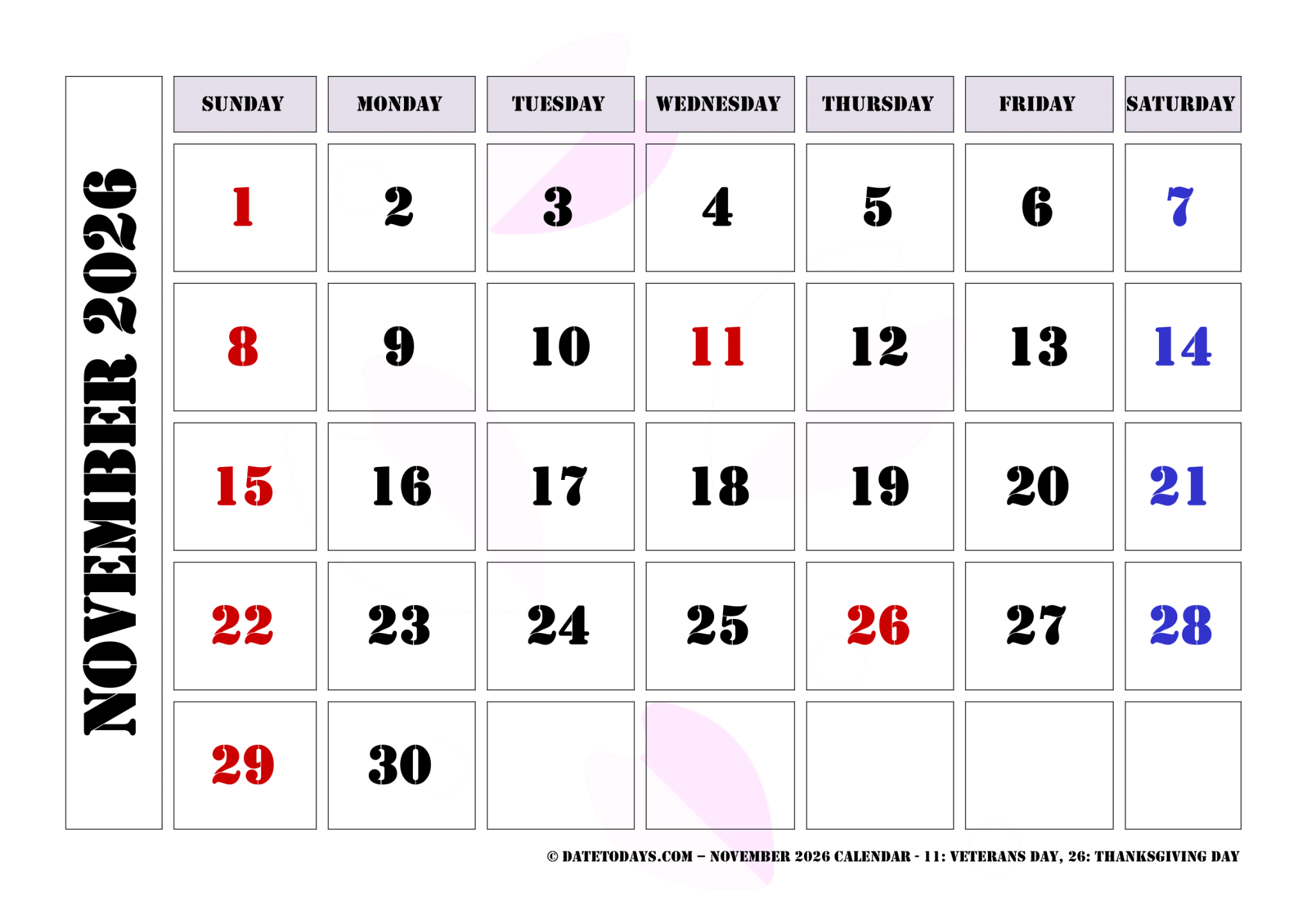 November 2026 Calendar with US Federal Holidays Printable PDF