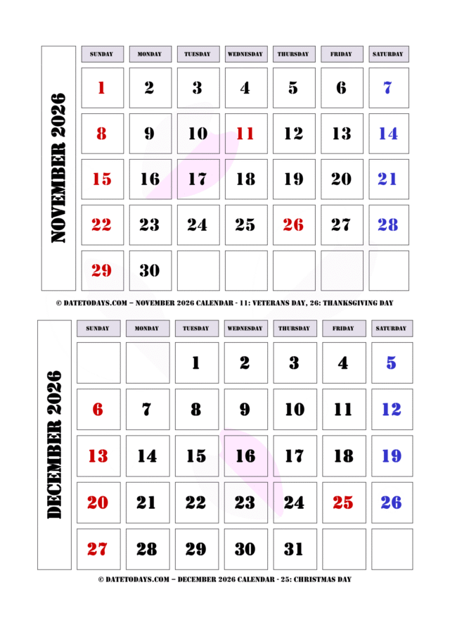 November December 2026 Calendar Printable