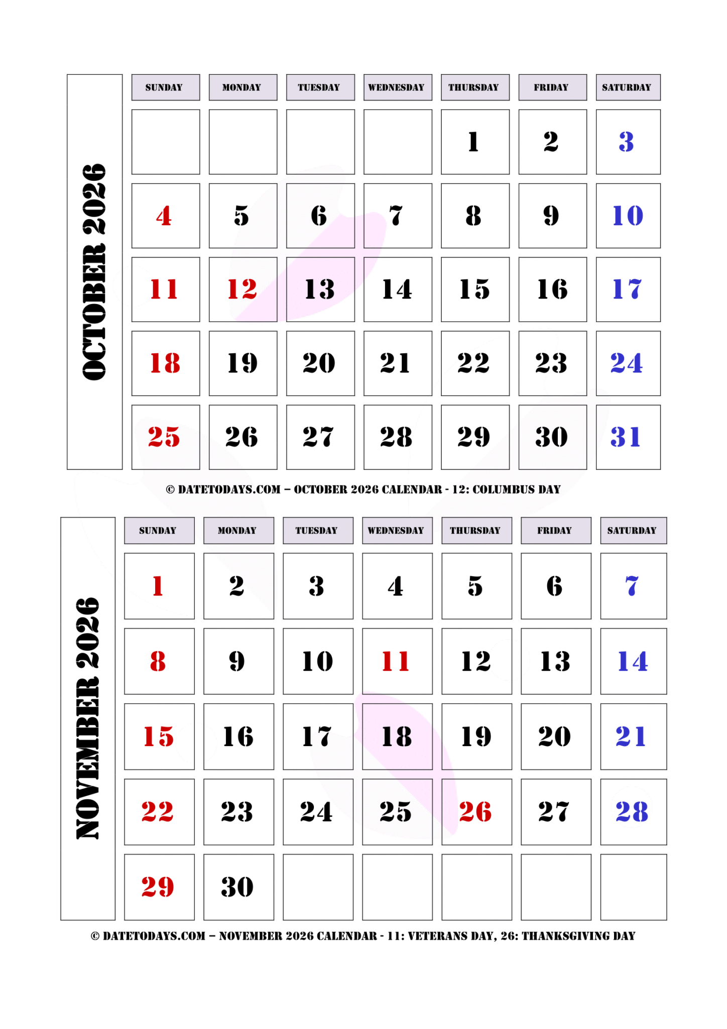 October November 2026 Calendar Printable - 2 Month Calendar