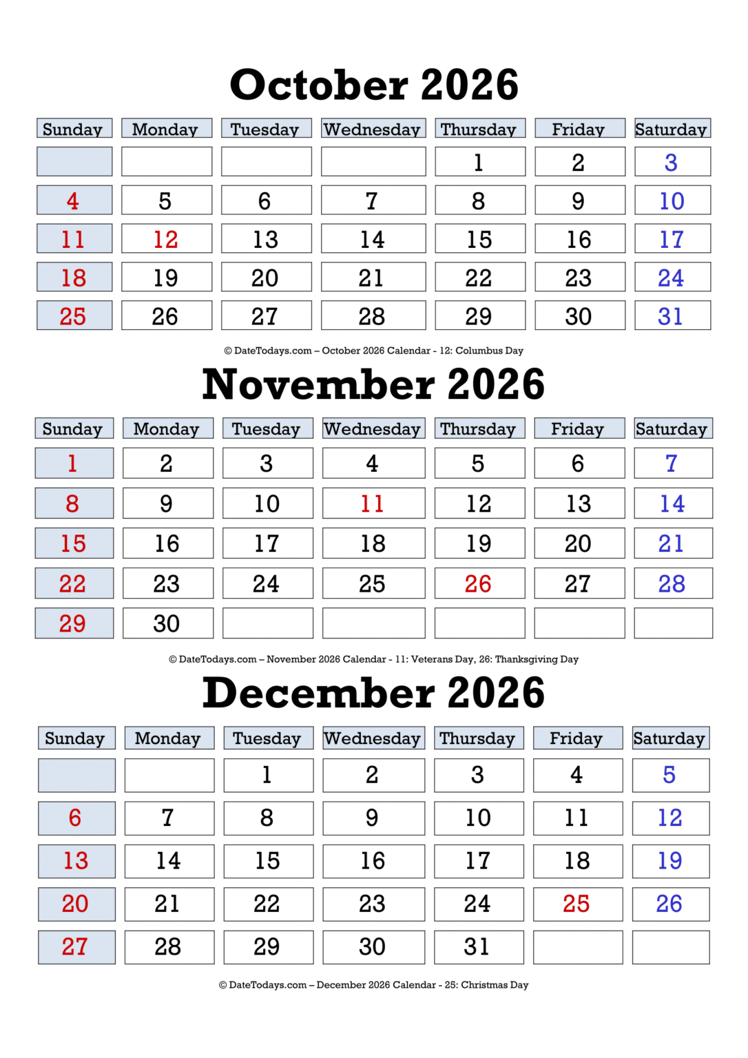 September October November 2026 Calendar Printable