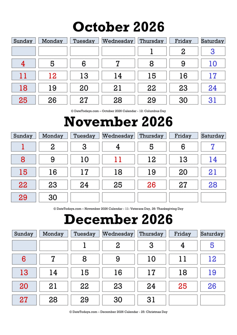 October November December 2026 Calendar - Date Today's