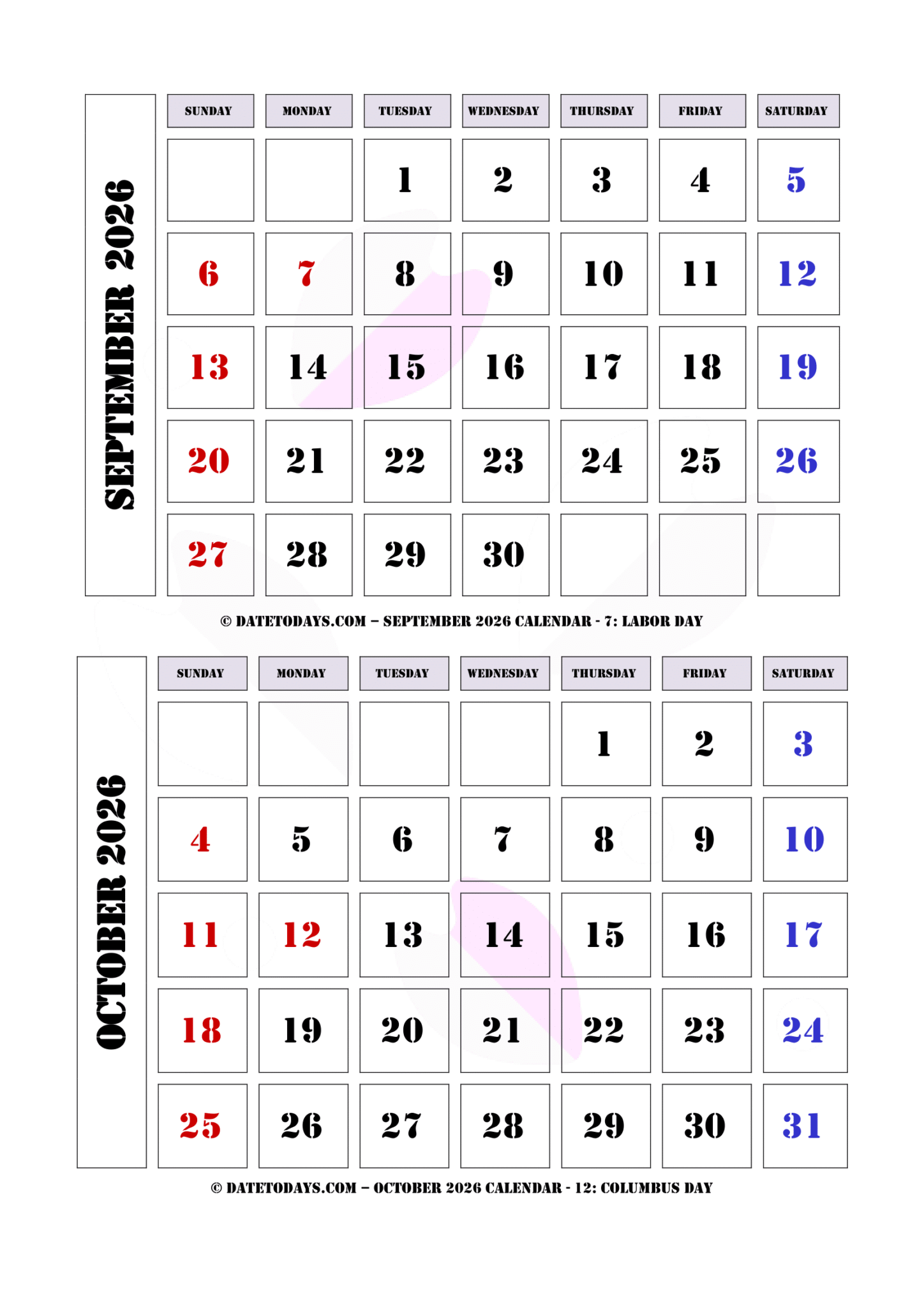 September October 2026 Calendar - 2 Month on a Page