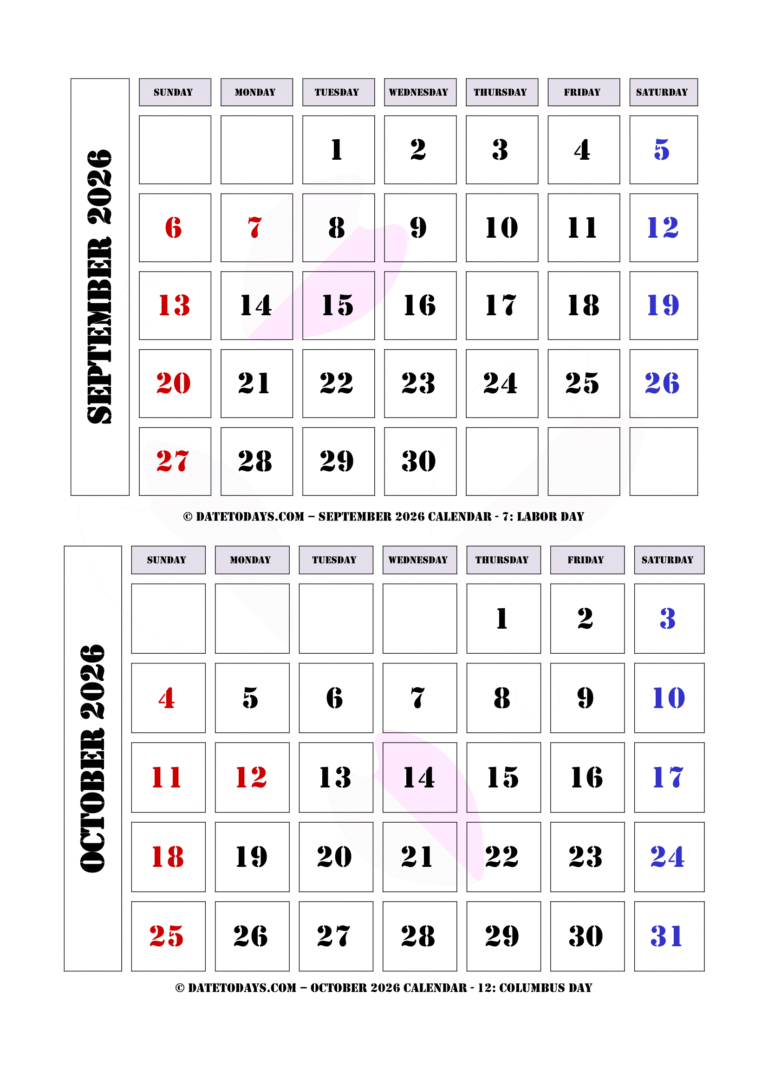 September October 2026 Calendar - 2 Month on a Page