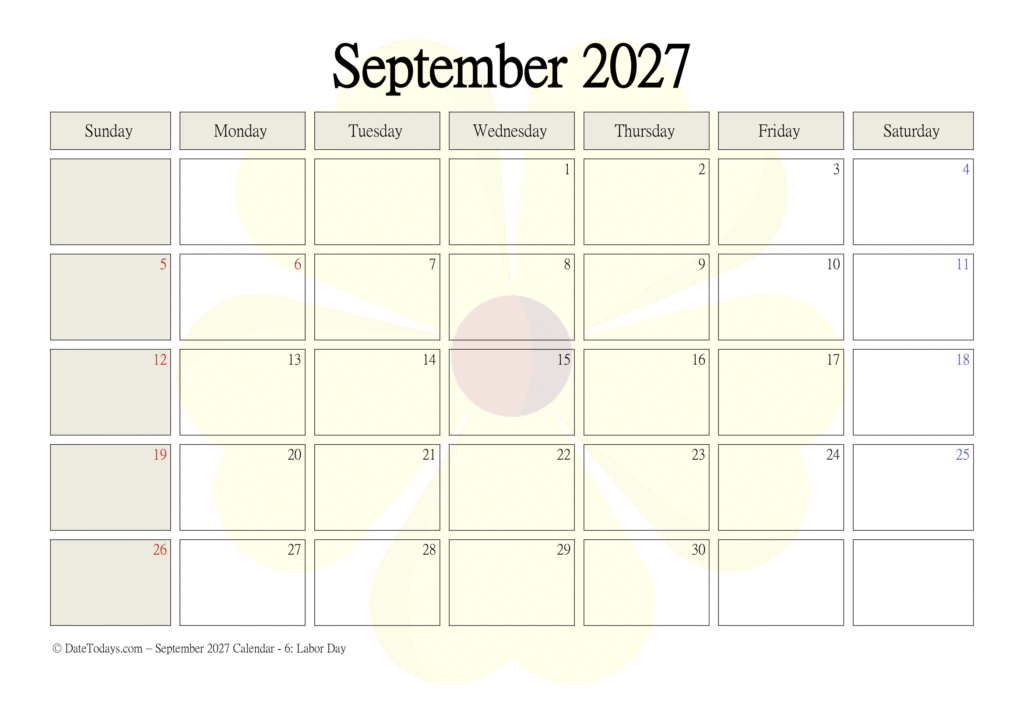 September 2027 Calendar Printable with Holidays