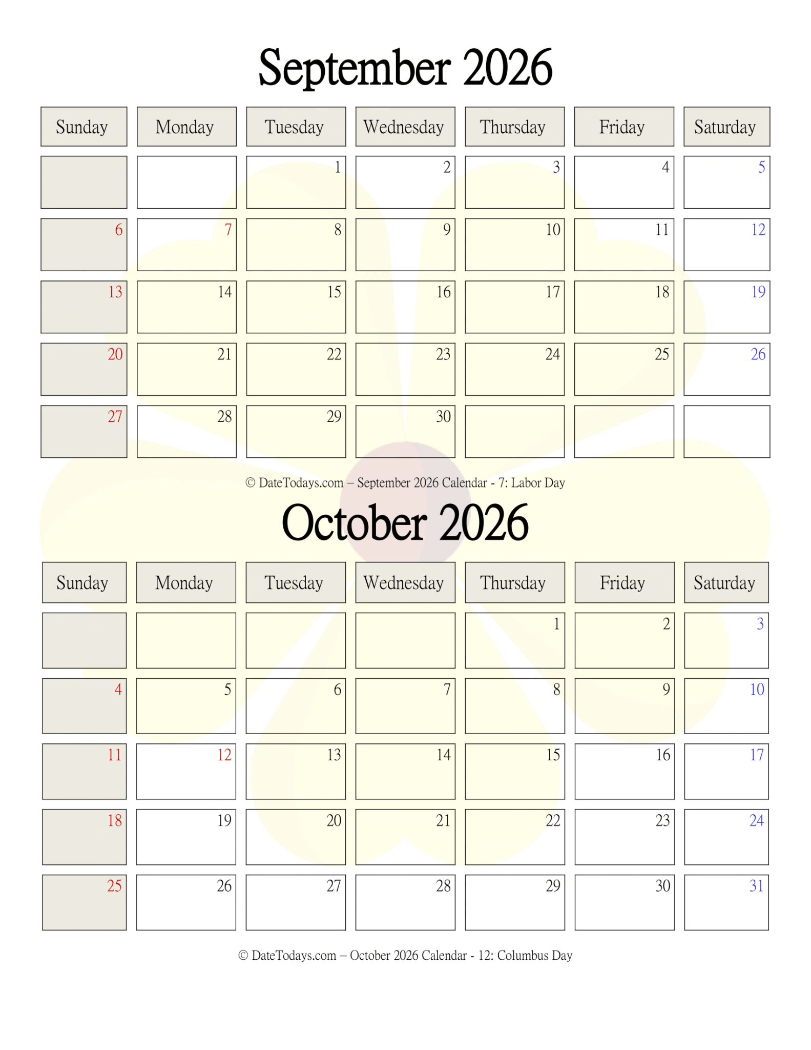 September October 2026 Calendar - 2 Month on a Page
