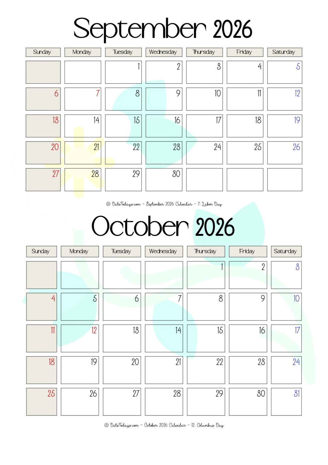 September October 2026 Calendar - 2 Month on a Page