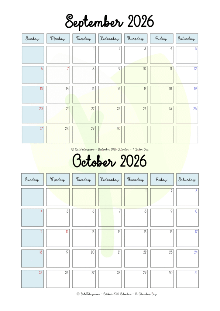 September October 2026 Calendar - 2 Month on a Page