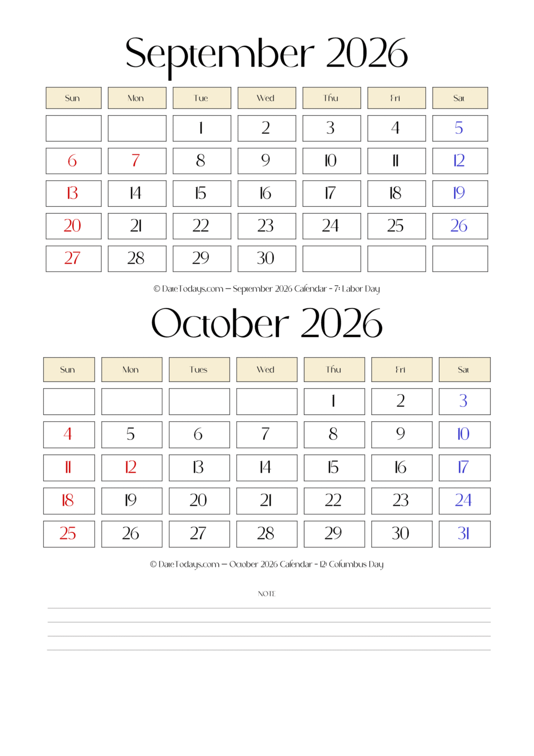 August September 2026 Calendar - 2 Month Calendar