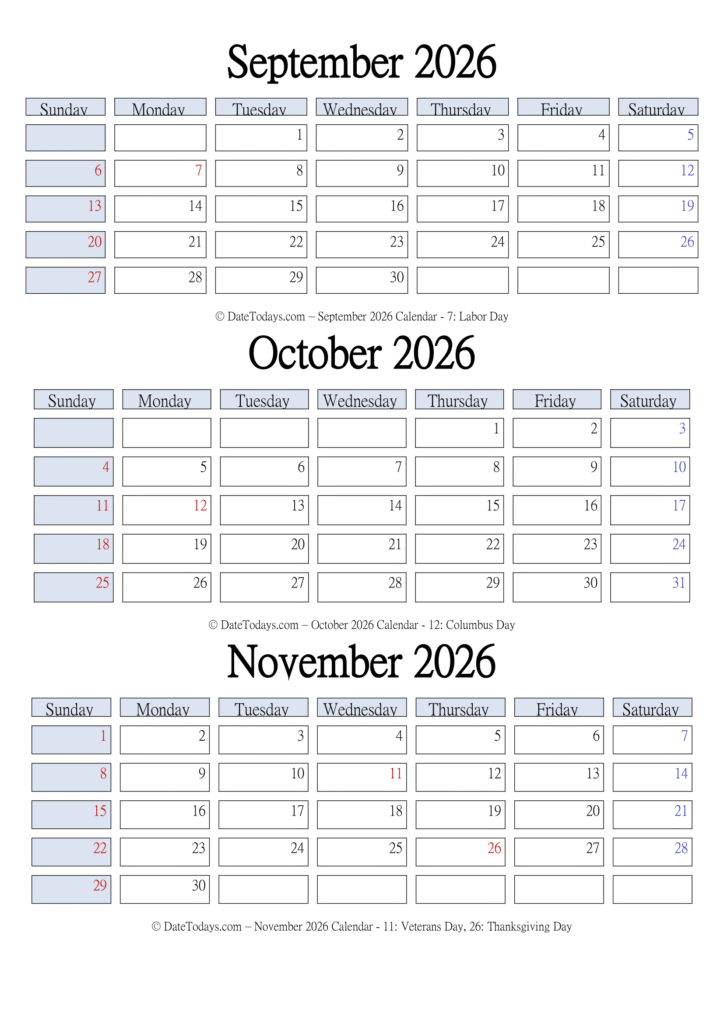 September October November 2026 Calendar Printable