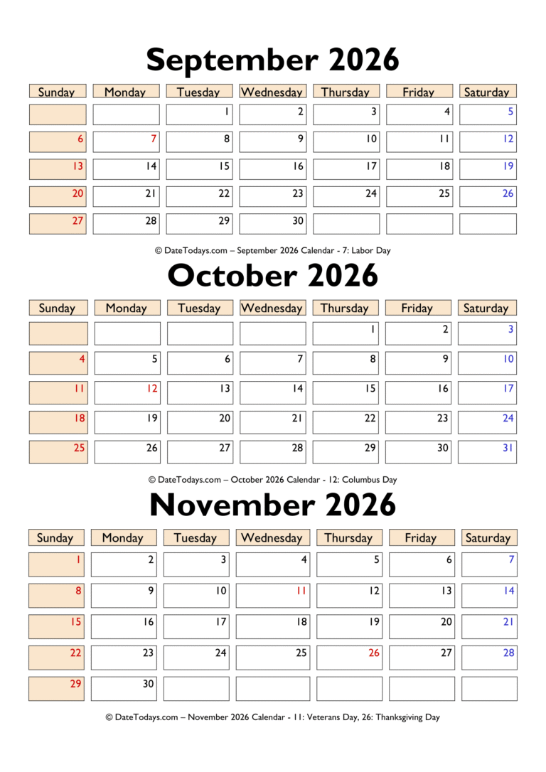 October November December 2026 Calendar - Date Today's
