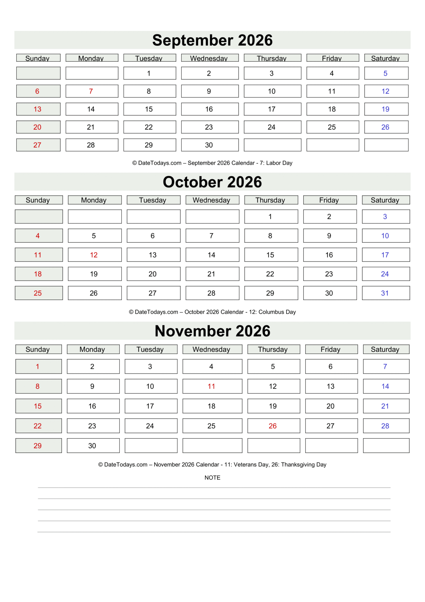 September October November 2026 Calendar Printable
