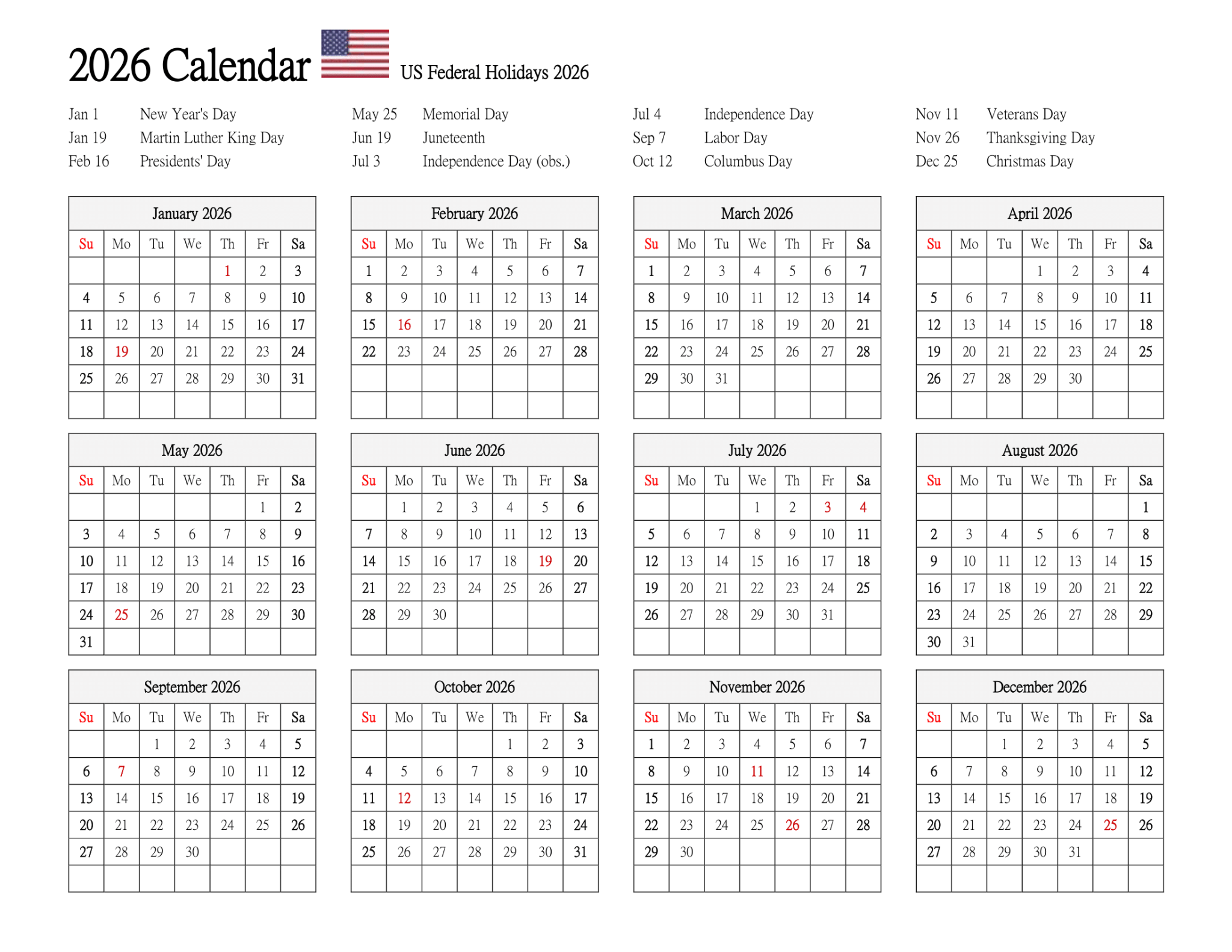 Printable 2026 Calendar with US Holidays - One Page PDF
