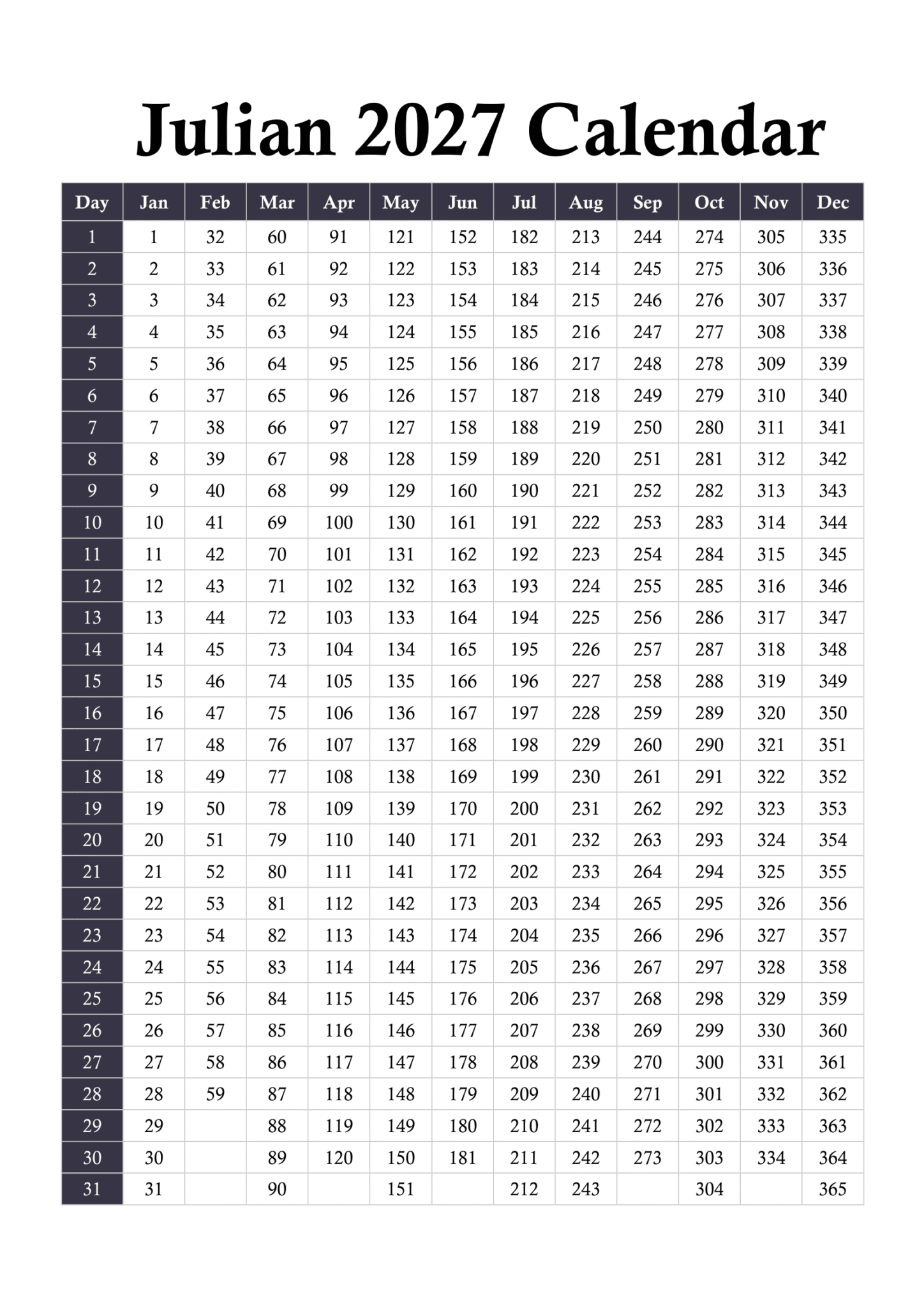 Printable Julian Date Calendar 2027 - Date Today's